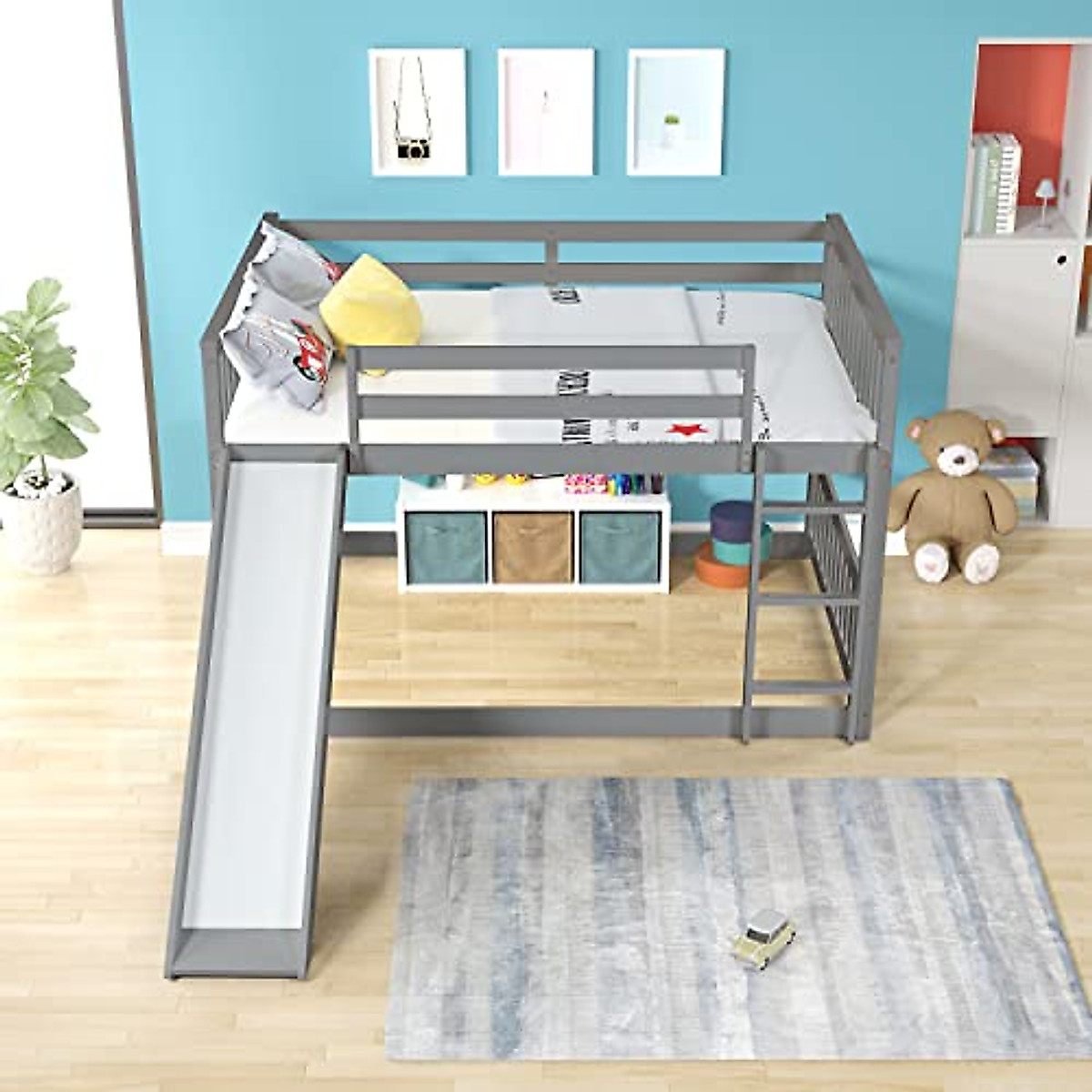 HomSof Solid Wood Full Over Full bunkbed with Slide，Full-Length Safety Guardrails,No Box Spring Needed,Grey