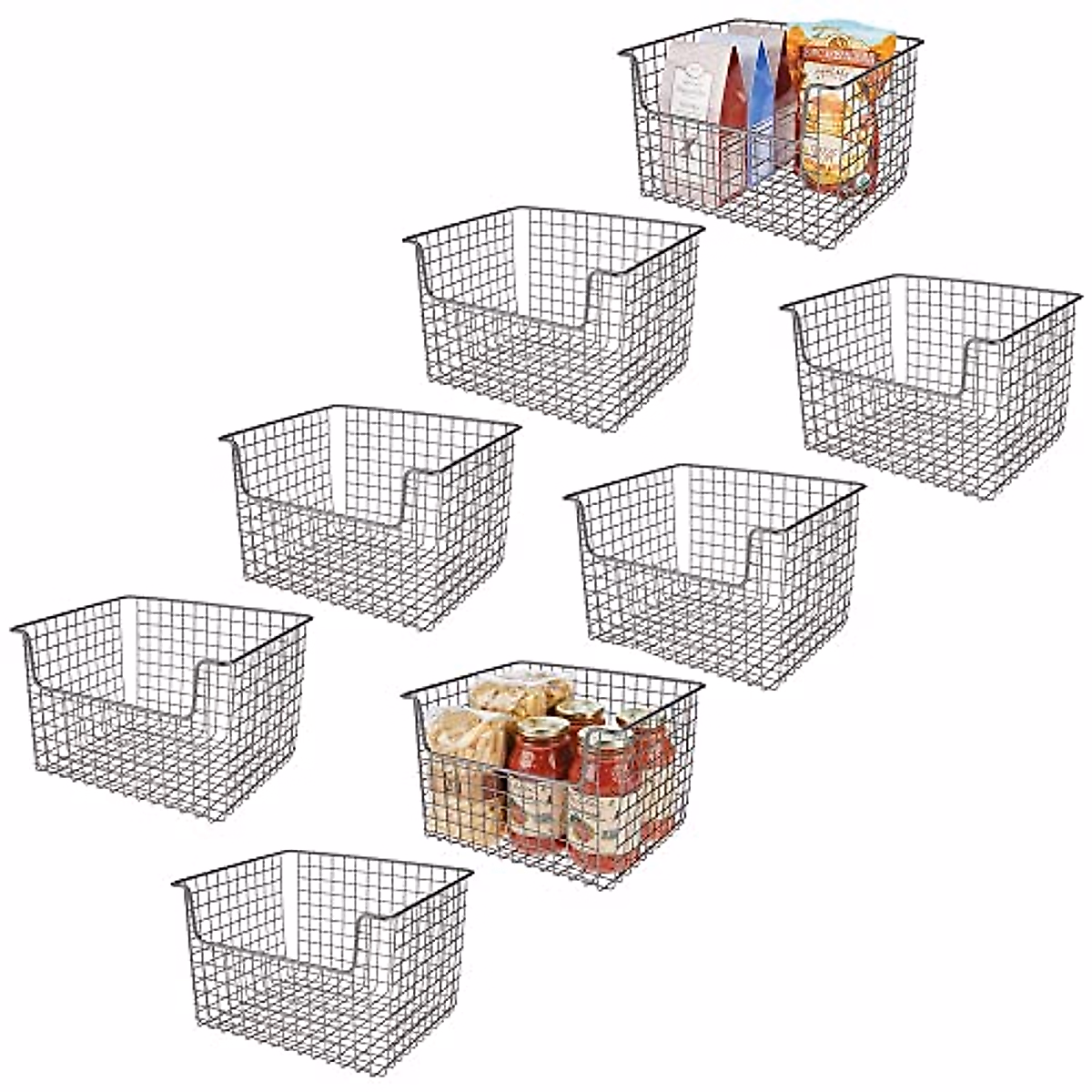 mDesign Metal Wire Food Storage Basket Organizer with Front Dip Opening for Organizing Kitchen Cabinets, Pantry Shelf, Bathroom, Laundry Room, Closets, Garage, Concerto Collection, 8 Pack - Dark Gray