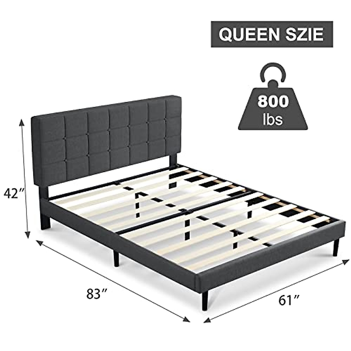 Molblly Queen Bed Frame Upholstered Platform with Headboard and Strong Wooden Slats,Non-Slip and Noise-Free,No Box Spring Needed, Easy Assembly,Dark Gray