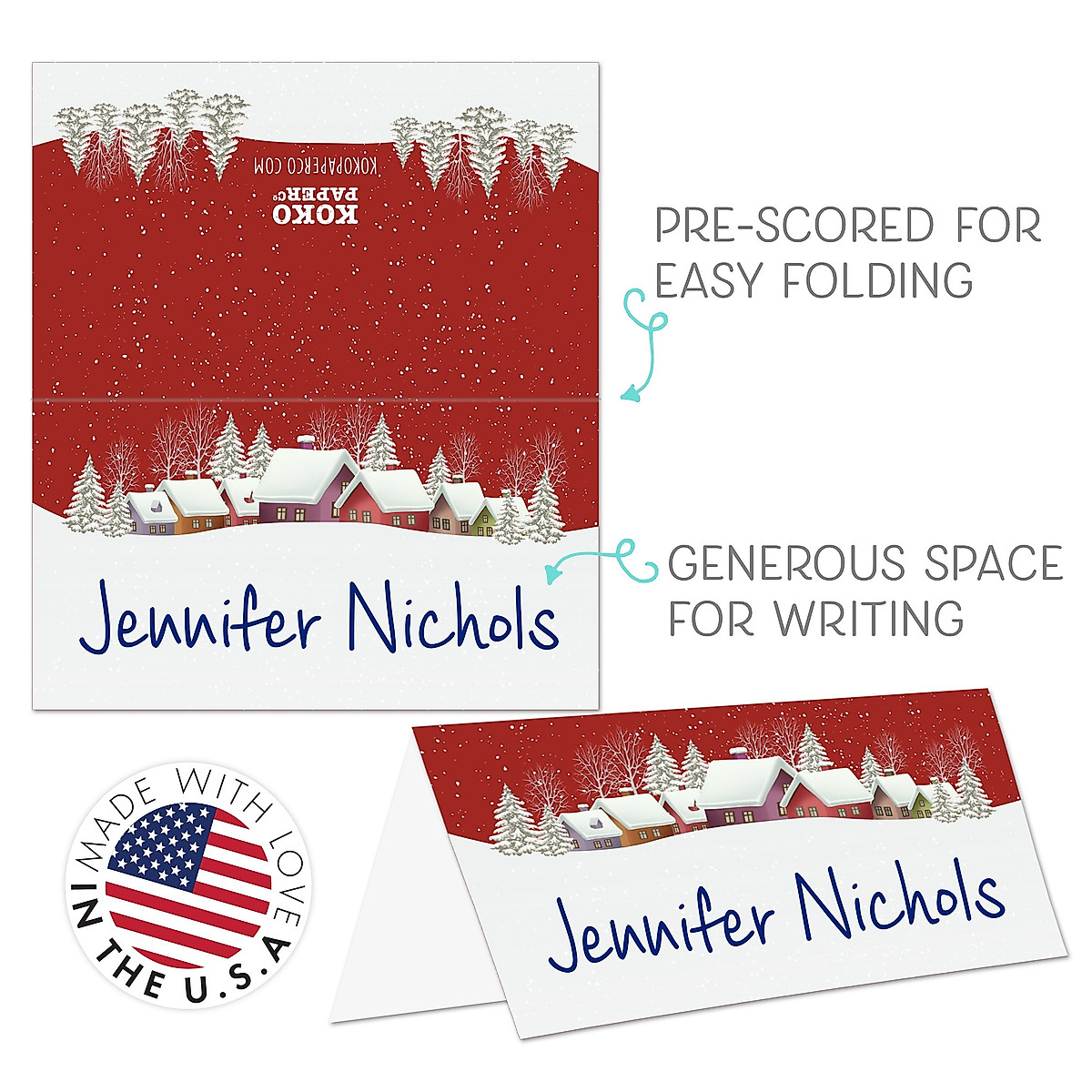 Christmas Place Cards with Vintage Snowy Christmas Village and Pine Trees. Pack of 50 Tent Style Cards for Holiday Dinner, Brunch, Party, or Any Occasion. No Holder Necessary.