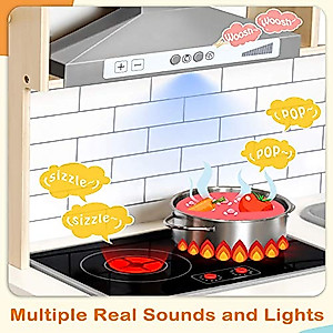 Tiny Land Play Kitchen for Kids, Wooden Kids Play Kitchen Playset Chef Pretend Play Set for Toddlers with Real Lights & Sounds, Toys Kitchen with 18 Pcs Toy Food & Cookware Accessories