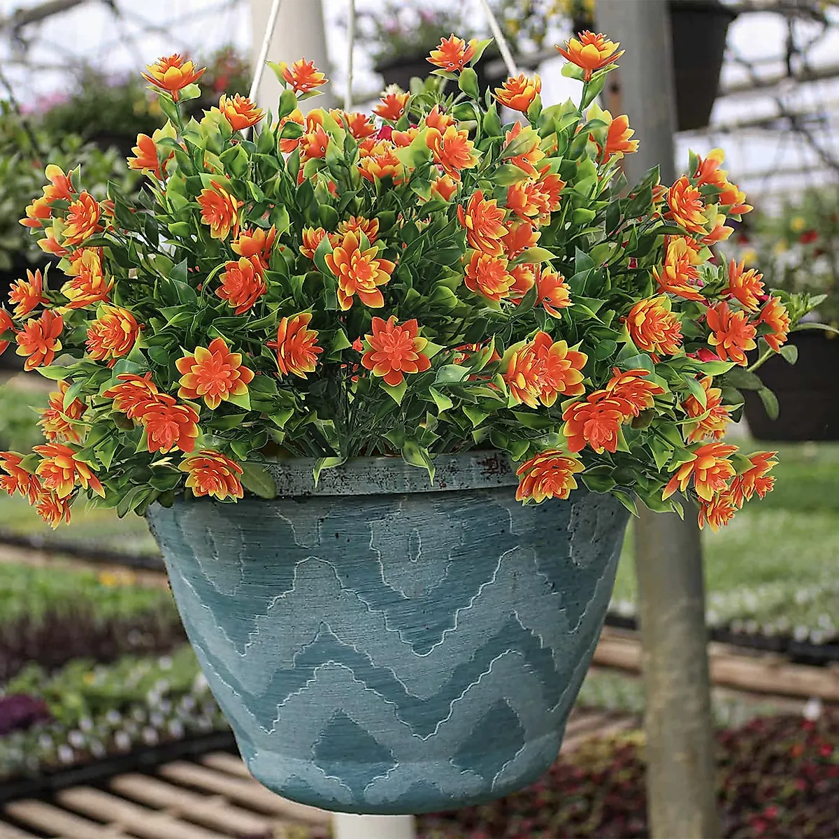 Rinlong 6Pcs Artificial UV Resistant Flowers Outdoor Fake Mums Plants Orange Plastic Flowers Plants Faux Flowers Fall Decor for Clearance Outdoor