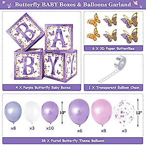 Levfla Purple Butterfly Baby Balloons Boxes Decorations, Baby Shower Backdrop Blocks for Girl, Gender Reveal Balloon Garlands with Butterflies Cutouts Floral, Pink Party Table Centerpiece Favor Ideas