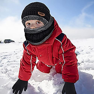 3 Pcs Boys Girls Winter Beanie Hat Scarf Gloves Set Thick Knitted Warm Toddler Winter Hat Mittens Neck Warmer for Kids Black