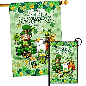 Q-Leo St Patricks Day Flag, Set 2 House Flag 28 x 40 and Garden Flag 12x18 Double Side, St. Patrick's Day Flags with Leprechaun Gnomes Shamrock Clover Green Hat Welcome Signs for Outdoor Decor