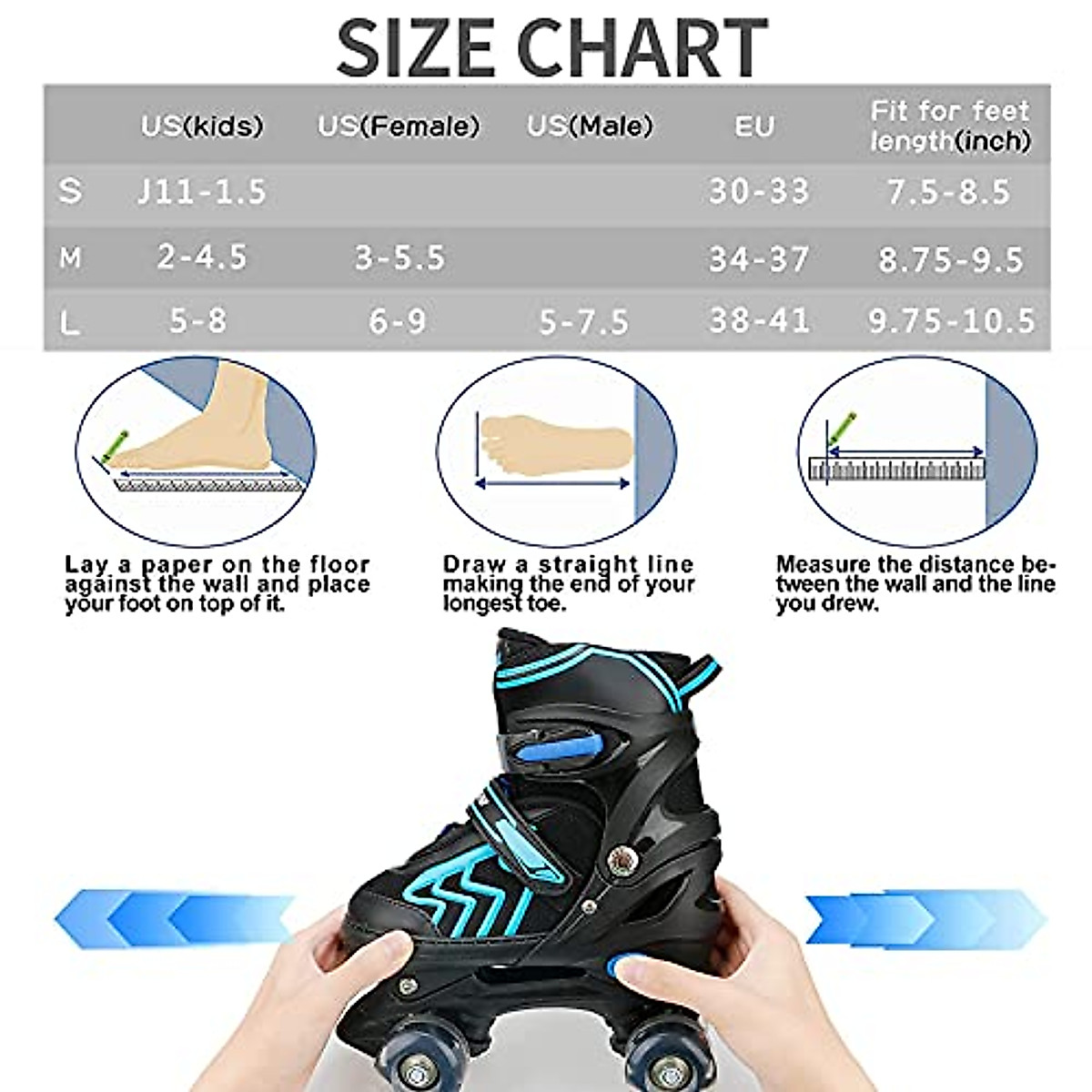 Kids Roller Skates for Boys Adjustable Roller Skates for Boys, Girls with 8 Wheels Lighting for Indoor Outdoor Quad Skates (Black&Blue, Medium - Big Kid)