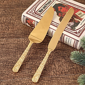 Wedding Cake Knife and Server Set: 2 Pcs Gold Cake Cutting Set, Stainless Steel Vintage Engraved Cake Knife and Server Set, Wedding Cake Cutting Set for Wedding Birthday Parties Christmas (Rose)