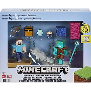 Mattel Minecraft Treasure Hunt Adventure Pack Figures, Accessories and Papercraft Blocks, Complete Play in a Box, Toy for Kids Ages 6 Years and Older
