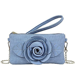 Mellow World Arina Vegan Leather Floral Decoration Crossbody Handbag with removable strap and wristlet Blue