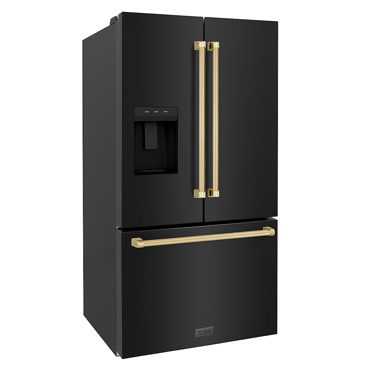 ZLINE Autograph Edition 36 in. 28.9 cu. ft. Standard-Depth French Door External Water Dispenser Refrigerator with Dual Ice Maker in Black Stainless Steel and Champagne Bronze Traditional Handles