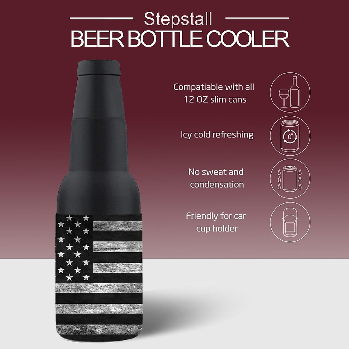 Stepstall Can Cooler Beer Bottle Holder with Beer Opener, 4-in-1 Design Slim Can Beer Bottle Insulators, Double Walled Stainless Steel Insulated, 12 OZ Beer Gifts for Men Father(Black American Flag)