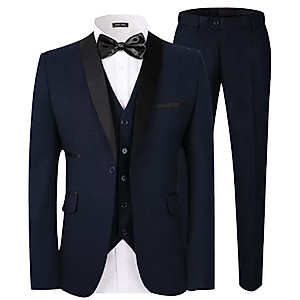 WEEN CHARM Men's Slim Fit 3 Piece Tuxedo Suit One Button Shawl Lapel Blazer Jacket Vest Pants Set Blue