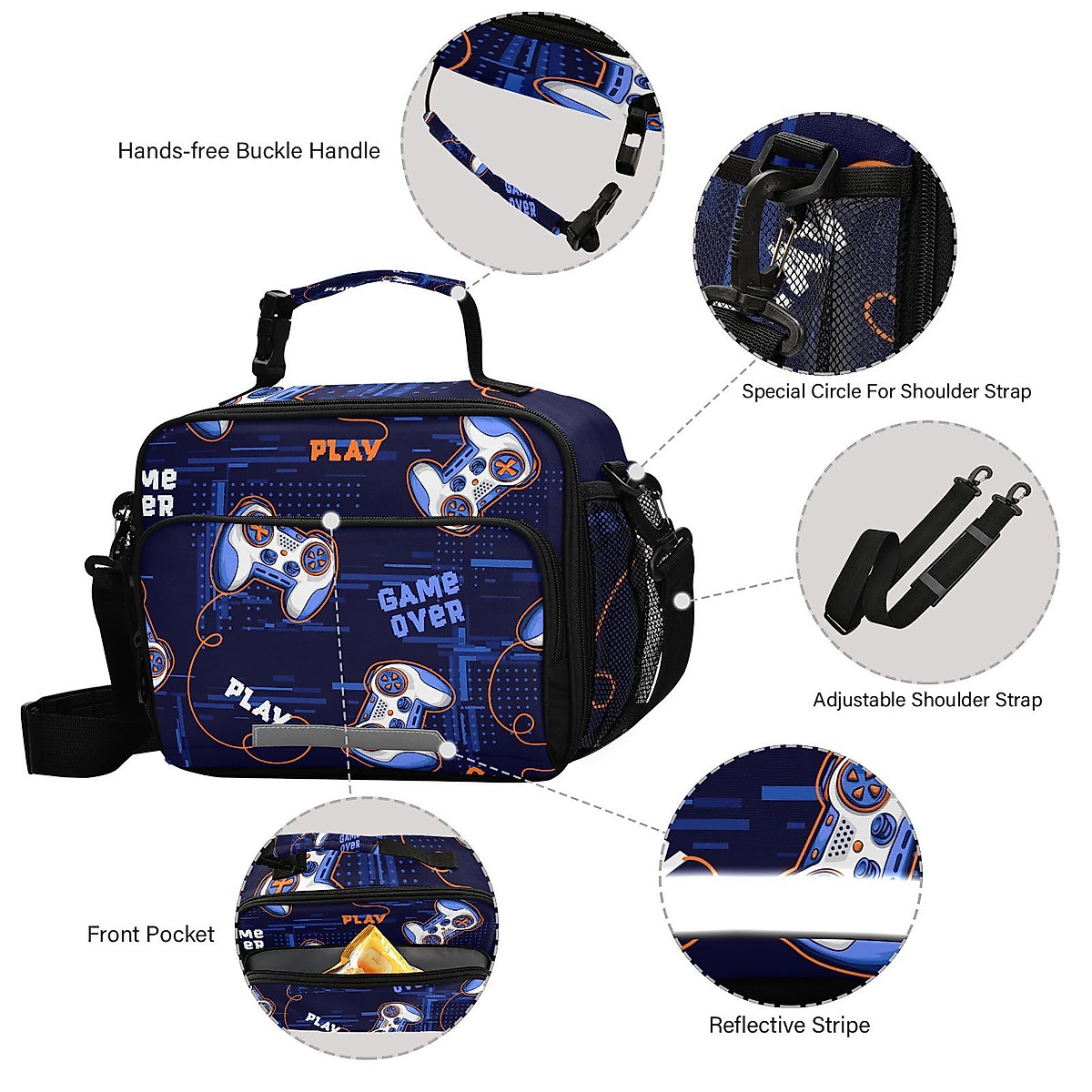 VIGTRO Joystick Gamepads Pattern Lunch Bag, Insulated Leakproof Lunch Box with Adjustable Shoulder Strap, Game Controller Reusable Cooler Tote Bag for Work,Office,Picnic,Travel