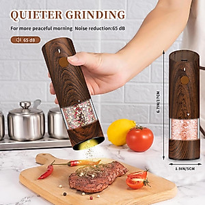 Electric Salt and Pepper Grinder Set - Automatic Pepper and Salt Grinder Refillable with 6 Adjustable Coarseness Adjustable Ceramic Core with LED Light Rechargeable Pepper Grinder-2 Pack Wood Grain