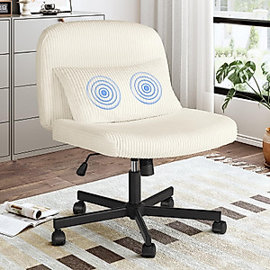 Criss Cross Chair with Wheels, Corduroy Massage Cross Legged Office Chair with Double Layer Sponge Cushion, Armless Wide Seat Swivel Vanity Chair, Height Adjustable Desk Chairs for Home Office, Beige