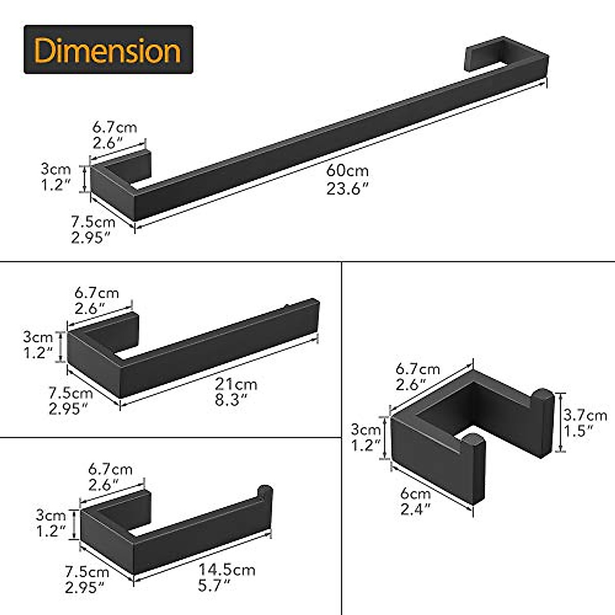 BESy 4 Piece Bathroom Accessories Set (23.6'' Towel Bar, Hand Towel Holder Towel Rack, Toilet Paper Holder, Double Towel Hooks), Wall Mounted Bath Hardware Fixtures Set, Stainless Steel/Matte Black