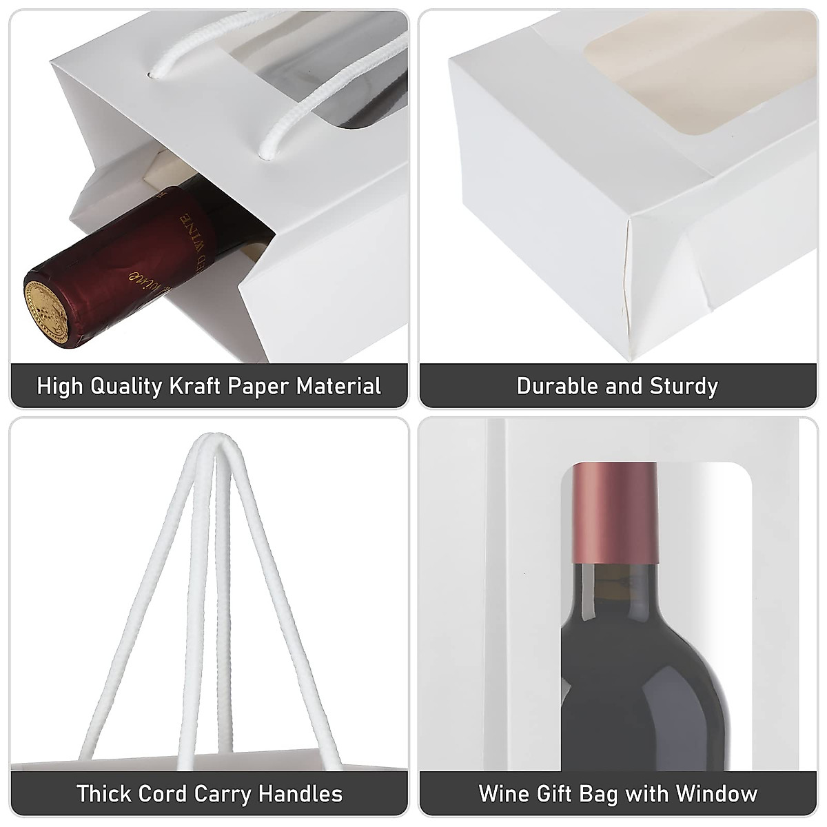 50 Pcs Wine Gift Bag with Window 4.9" x 3.6" x 14.2" Kraft Paper Wine Bags with Windows Kraft Paper Flower Wrapping Bag Transparent Window Bags for Valentine's Day Birthday Wedding Party Gift (White)