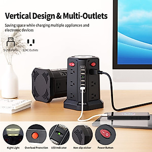 Surge Protector Power Strip Tower with 5 USB Ports and Night Light, 10FT Extension Cord with 12 AC Multiple Outlets, PASSUS Power Tower, Overload Protection for Home Office Dorm Room (Black)