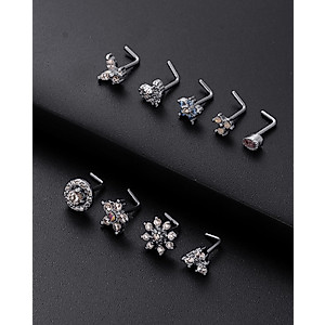 Tornito 9Pcs Nose Rings Stud L Shaped Nose Ring Flower CZ Snowflake Butterfly Screw Nose Stud Body Piercing Jewelry for Women Men 20G Silver Tone