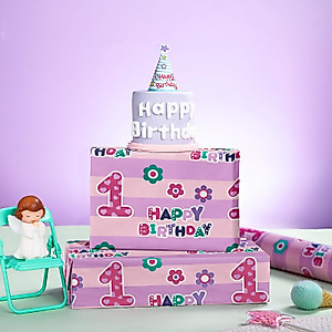 WRAPAHOLIC 1st Birthday Wrapping Paper Sheet - 6 Sheets Pink Happy Birthday with Floral Design Folded Flat for Birthday, Party, Baby Showers - 19.7 Inch X 27.5 Inch Per Sheet