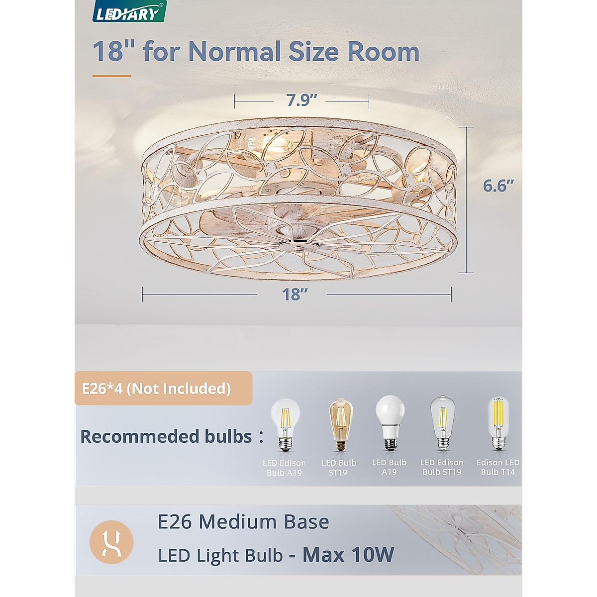 LEDIARY Caged Ceiling Fans with Lights, White Flush Mount Ceiling Fan with Remote, Small Low Profile Bladeless Ceiling Fan Light Fixture for Bedroom, Kitchen, Dining Room-White Gold Color