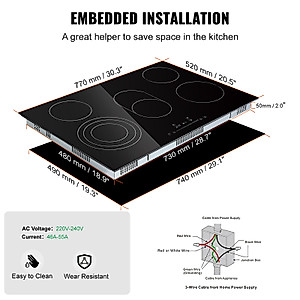 VEVOR Built in Electric Stove Top, 30 inch 5 Burners, 240V Glass Radiant Cooktop with Sensor Touch Control, Timer & Child Lock Included, 9 Power Levels for Simmer Steam Slow Cook Fry