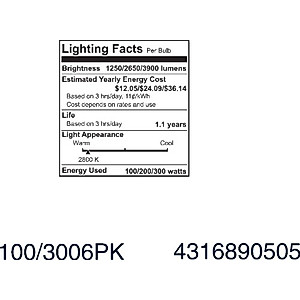 GE Lighting 41459-6 Soft White 3-Way Mogul Base Bulb, 100/200/300-Watt 6-Pack