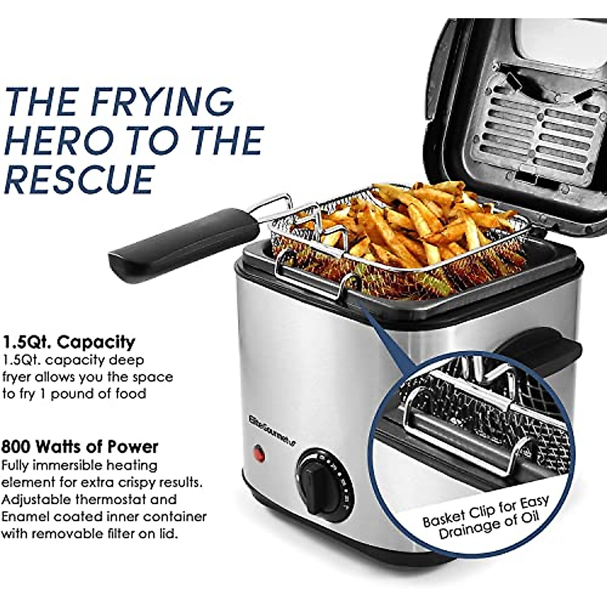 Elite Gourmet EDF1550# Electric 1.5 Qt. / 6 Cup Oil Capacity Deep Fryer, Adjustable Temperature, Removable Basket, Lid with Viewing Window, Stainless Steel