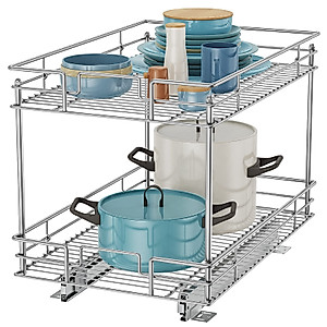 ROOMTEC Pull Out Cabinet Organizer 20" W x 21" D, Kitchen Cabinet Organizer and Storage 2-Tier Cabinet Pull Out Shelves Under Cabinet Storage for Kitchen Chrome