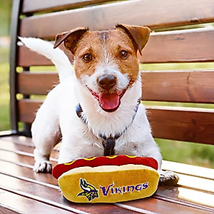 Pets First NFL Minnesota Vikings HOT Dog Plush Dog & CAT Squeak Toy - Cutest HOT-Dog Snack Plush Toy for Dogs & Cats with Inner Squeaker & Beautiful Football Team Name/Logo 8 x 5 x 3 Inches