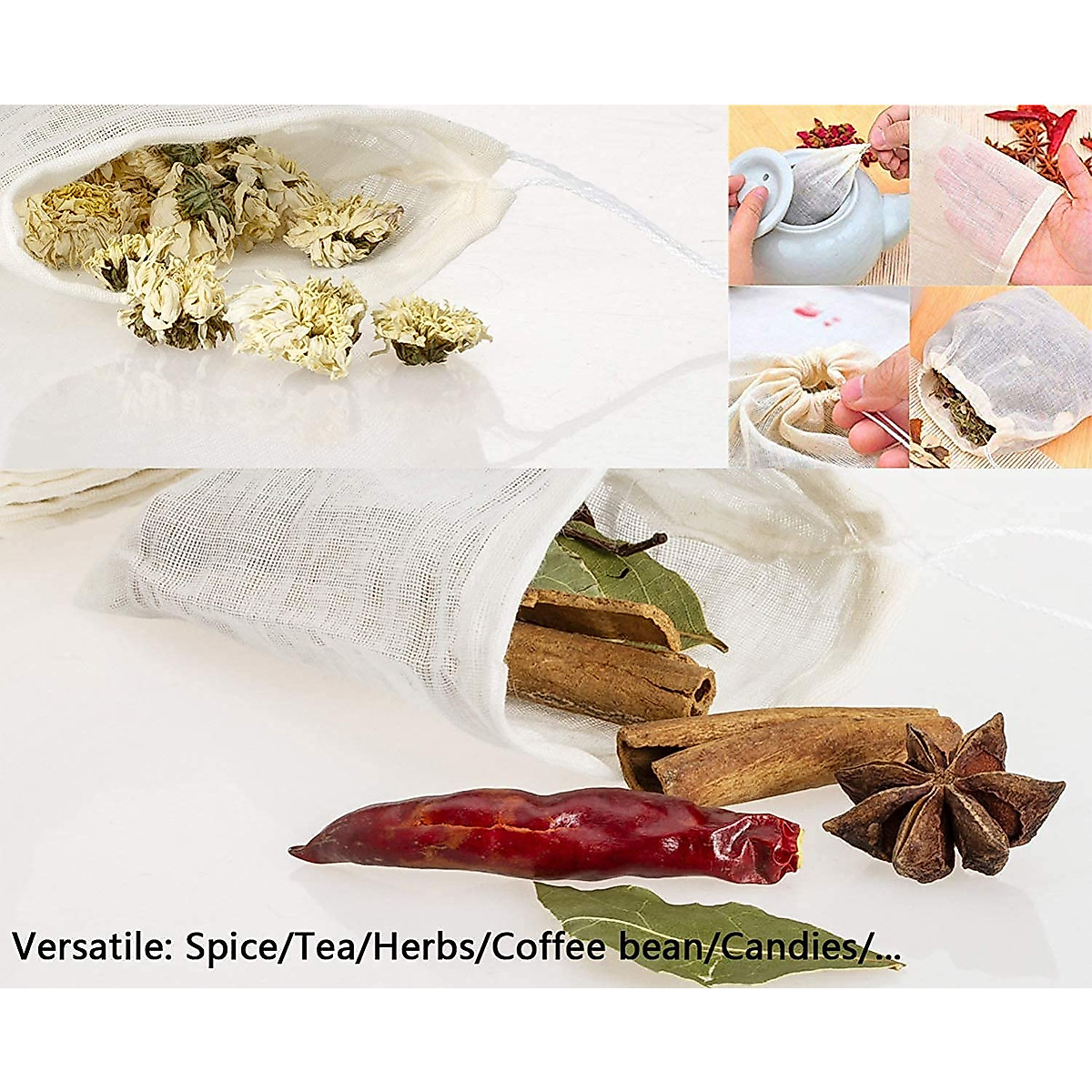 GIYOMI 20 Pcs Muslin Drawstring Bags,Natural Unbleached Cotton Straining Herbs Cheesecloth Bags, Coffee Tea Brew Bags, Soup Gravy Broth Stew Bags, Bone Broth Brew Bags,Spice Bags, 4 x 3 Inches