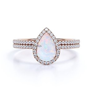 14K Rose Gold Over 925 Sterling Silver Pear Shaped Created Opal Engagement Ring Matching Wedding Band Bridal Set Wedding Ring Set 6