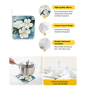 Pot Holders Set of 4,Country White Flower Green Leaf Potholder for Kitchen Heat-Proof Hot Pads,Rural Blooming Floral Blue Gradient Back Hot Mats Potholders for Cooking Baking BBQ