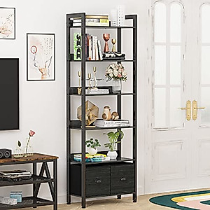 Furologee 6-Tier Bookshelf, Tall Bookcase with 2 Drawers Storage Organizer, Industrial Display Free Standing Shelf Units, Wood and Metal Storage Rack for Home Office, Bedroom, Black Oak