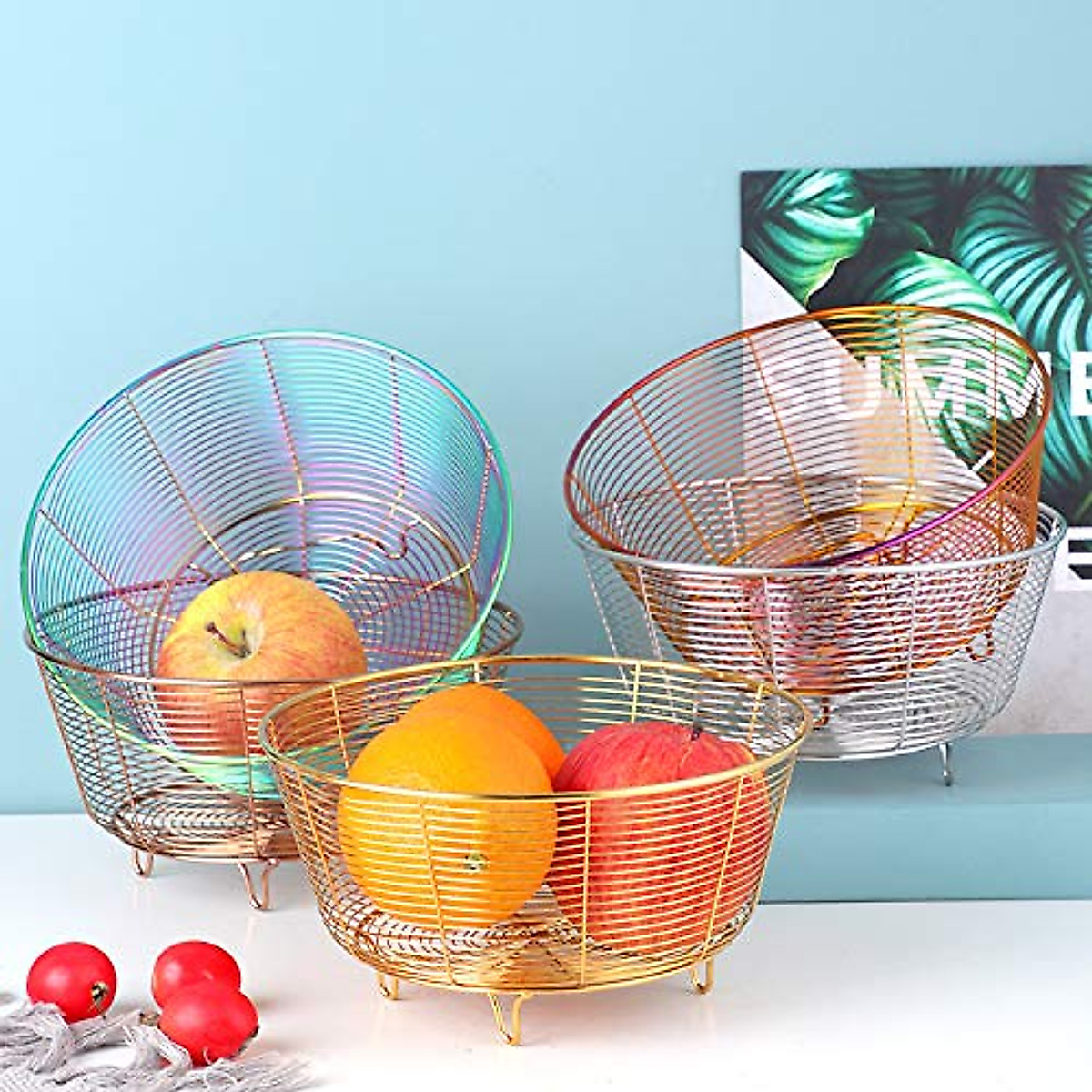 QIBOORUN Fruit Basket Bowl Stainless Steel Fruit Storage Basket Wire Bowl for kitchen with Bread Vegetables , Sleek Design With Sturdy Steel Construction -Rainbow