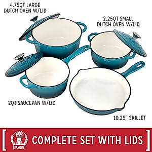 Basque Enameled Cast Iron Cookware Set, 7-Piece Set (Biscay Blue), Nonstick, Oversized Handles, Oven Safe; Skillet, Saucepan, Small Dutch Oven, Large Dutch Oven, 10.25", 2QT, 2.25QT, 4.75QT