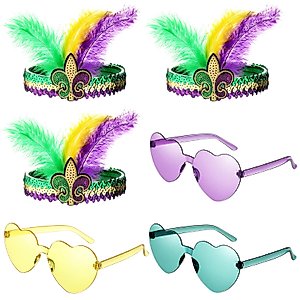 6 Pcs Mardi Gras Feather Headband Heart Shape Sunglasses Set Purple Yellow Green Glitter Feather Sequin Fascinators Rimless Heart Sunglasses Mardi Gras Glasses for Masquerade Party Carnival Cocktail