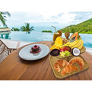 Decorative 2-Tier Square Bamboo Serving Tray with Wooden Handle - Cupcake Stand - Home Decor for Kitchen Counter, Dining Room Table, and Coffee Bar - 9.5" x 9.5" x 10"