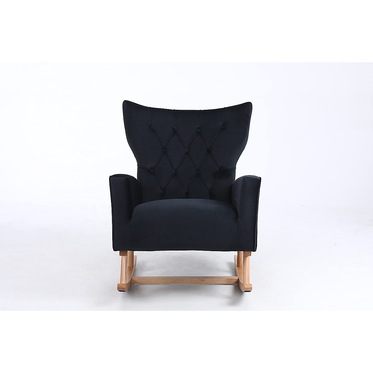 HHOK Rocking Chair, Mid Century Modern Velvet Tufted Upholstered Rocker Armchair Padded Seat with Solid Wood Base, Accent Chair with High Backrest and Armrests for Living Room Bedroom Balcony