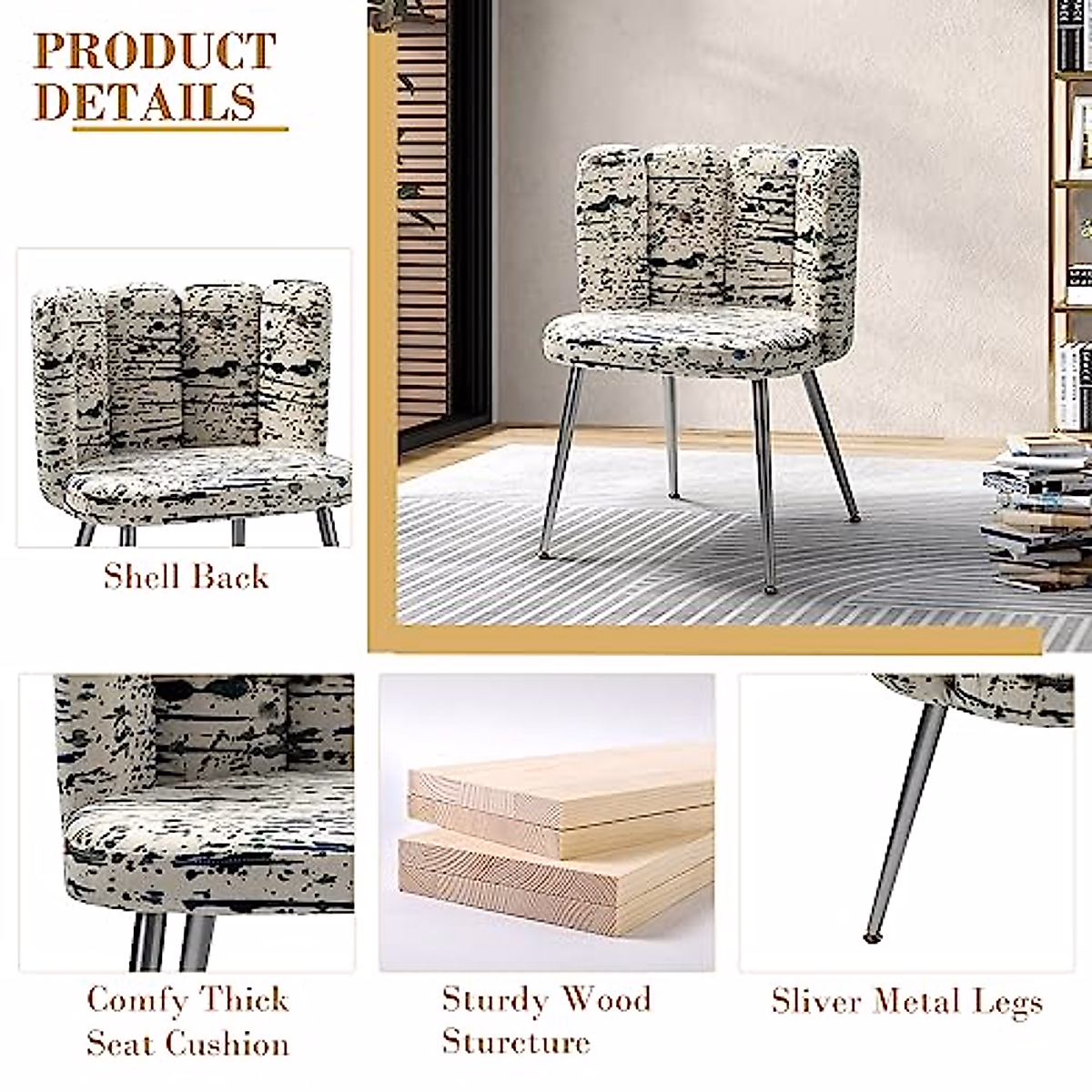 HULALA HOME Modern Dining Chairs Set of 2, Print Living Room Chair with Shell Back and Golden Metal Legs, Comfy Upholstered Cute Accent Chair for Living Room Bedroom Makeup Room Vanity, Ivory