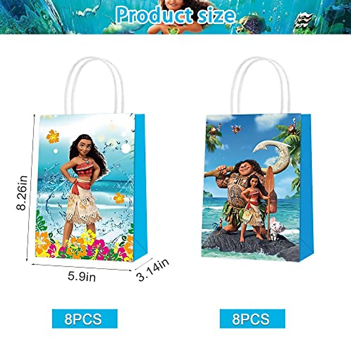 W/NN 16 Pcs Moana Party Paper Gift Bags, 2 Styles Party Favor Bags with Handles for Moana Party Decorations, Goody Bags Candy Gift Bags for Girls Boys Birthday Party Supplies Favors