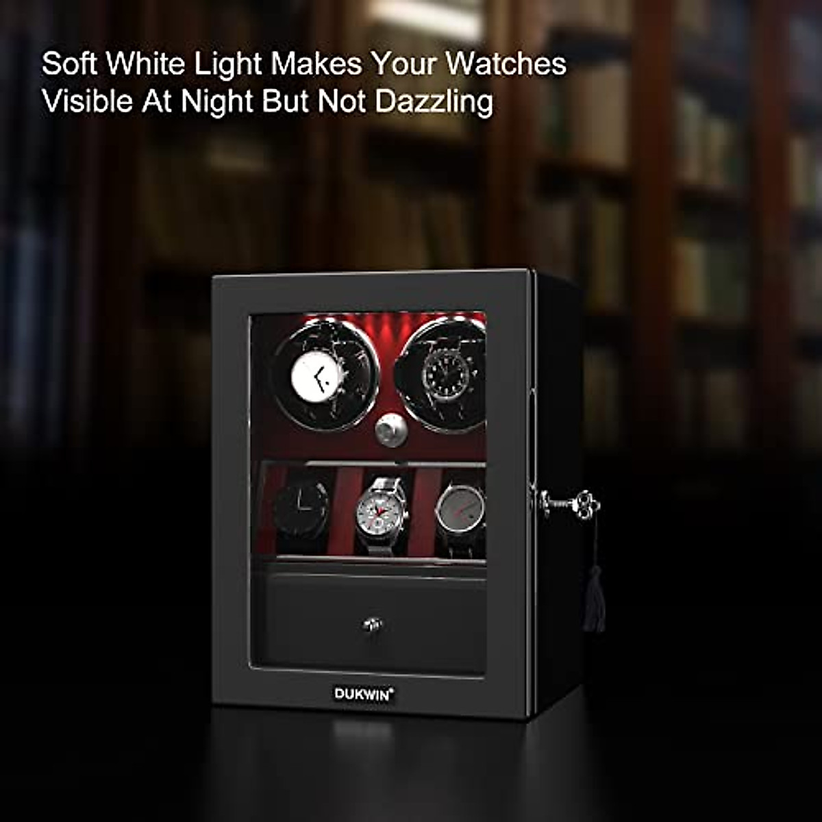 DUKWIN Watch Winder for 2 Automatic Watch, Lockable Red Watch Winder with 3 Watch Storage Places and Jewelry Storage, Super Quiet Mabuchi Motor, High-Gloss Piano Lacquer Finish, Built-in Illumination