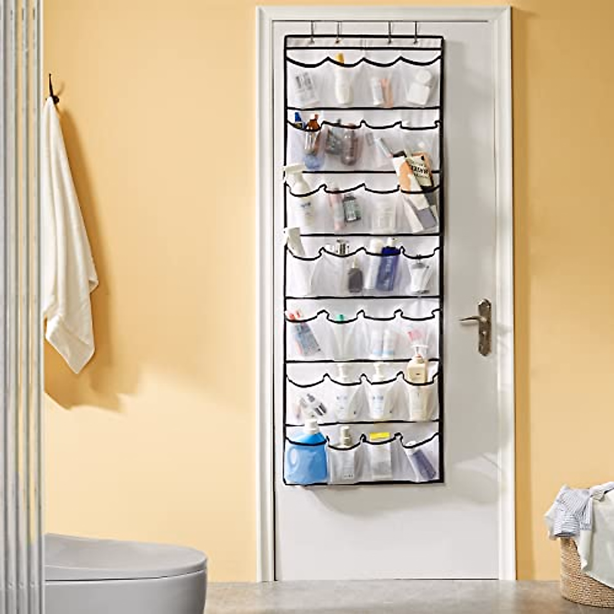 YOUDENOVA 28 Extra Large Mesh Pocket Over-The-Door Shoe Organizer - Closet Space Saver with 4 Metal Hooks for Sneakers, High Heels and Slippers - Fits Behind Doors - White