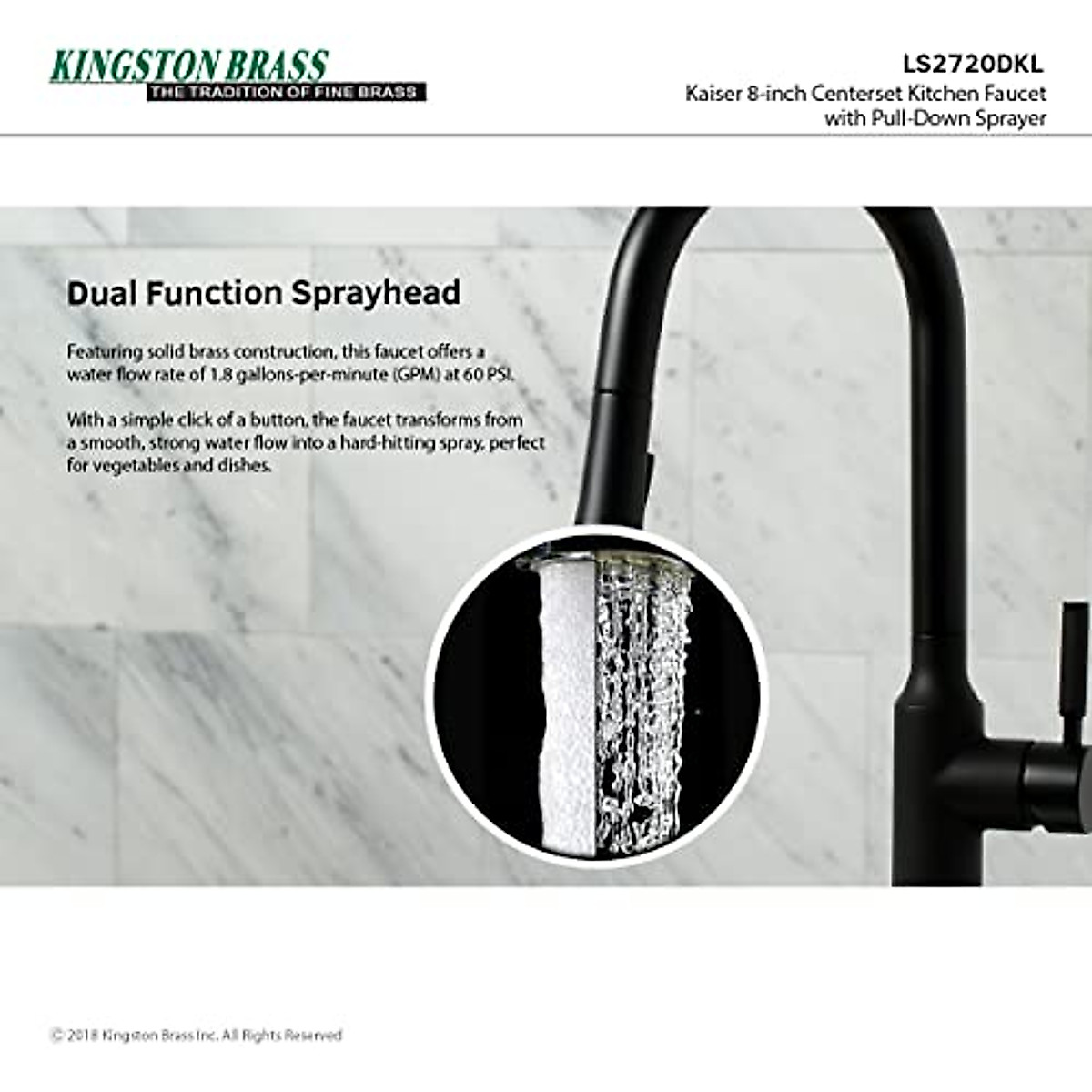 Kingston Brass LS2720DKL Kaiser Pull-Down Sprayer Kitchen Faucet, 8 Inch in Spout Reach, Matte Black