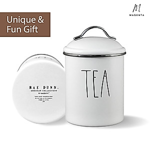 Rae Dunn Tin Tea Canister, Storage Tin with Lid and Elongated Writing