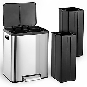 WELYFE 30 L/8 Gallon Trash Can, Rectangular Dual Compartment Recycling Step Bin, Stainless Steel Kitchen Trash Can, Removable Inner Box, Suitable for Kitchen, Office - Silver