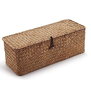 DOKOT Woven Basket with Lid, Seagrass Storage Baskets, Wicker Basket with Lid, Woven Rattan Storage Basket with Lid, Rectangular Seagrass Bin with Grid Home Organizer, Rattan Storage with Lid