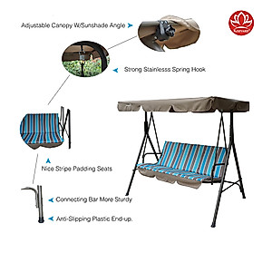 Kozyard Alicia Patio Swing Chair - Comfortable 3 Cushion Seats with Strong Steel Frame, Adjustable Canopy and Removable Cushion Ideal Glider Swing for Outdoors, Garden, Poolside, Balcony (Lime Stripe)