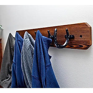 Rustic Coat Rack Wall Mount with Horseshoe Hooks | 36.5" Coat Hanger Wall Mount | Large Wall Coat Rack | Wall Mounted Coat Rack | Wooden Coat Rack Wall Mount (Brown Plate with Black Horseshoe Hooks)