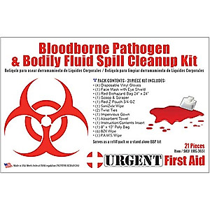 Urgent First Aid 22 Piece Bodily Fluid Clean Up Pack/Bloodborne Pathogen Spill Kit - be OSHA Compliant and Protect from Dangerous Exposure to Blood and Other potentially infectious Materials